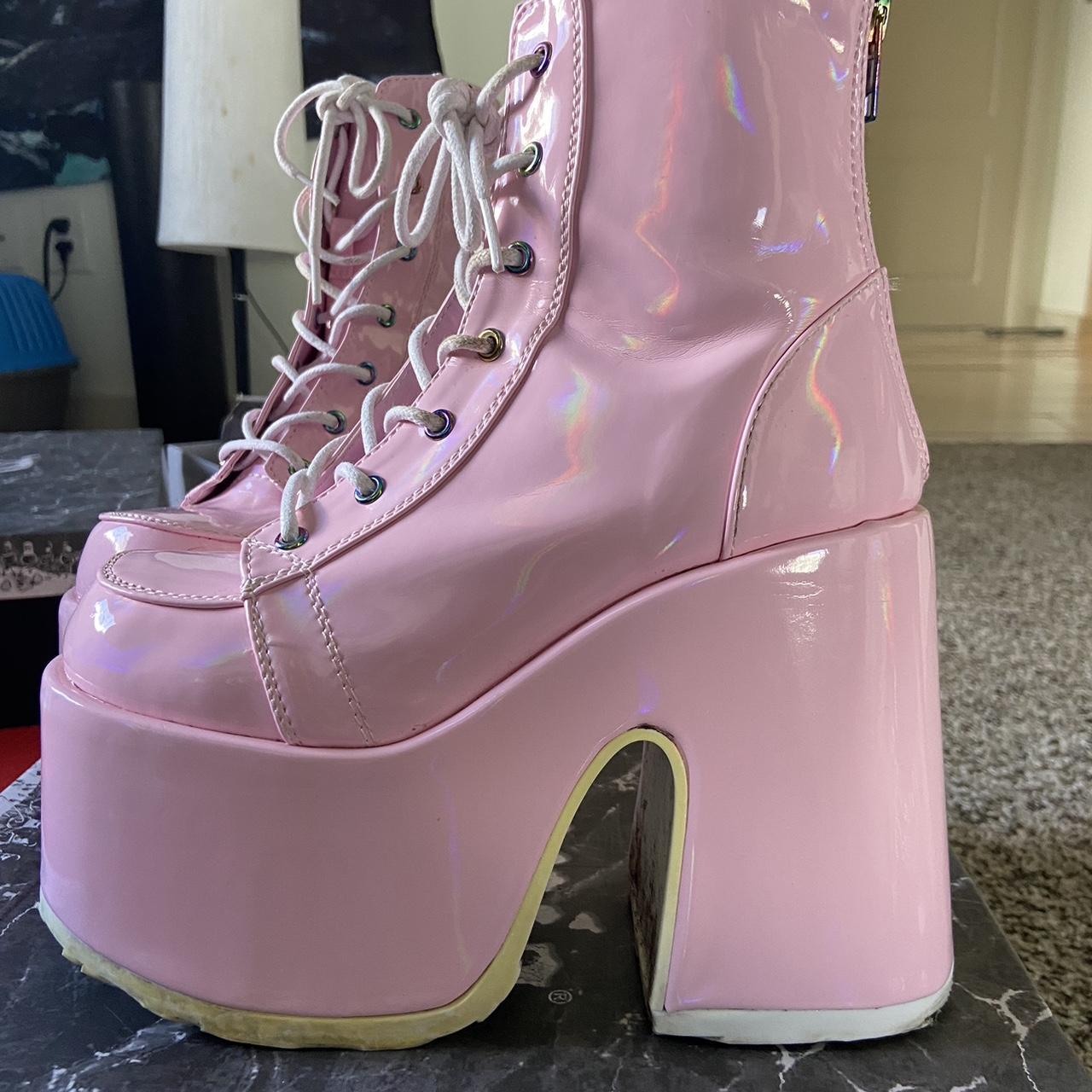 demonia camel-203 pink holographic platform boots
