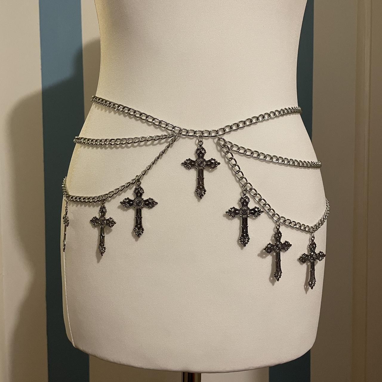 Silver cross belt with metal chain, fully adjustable... | Depop
