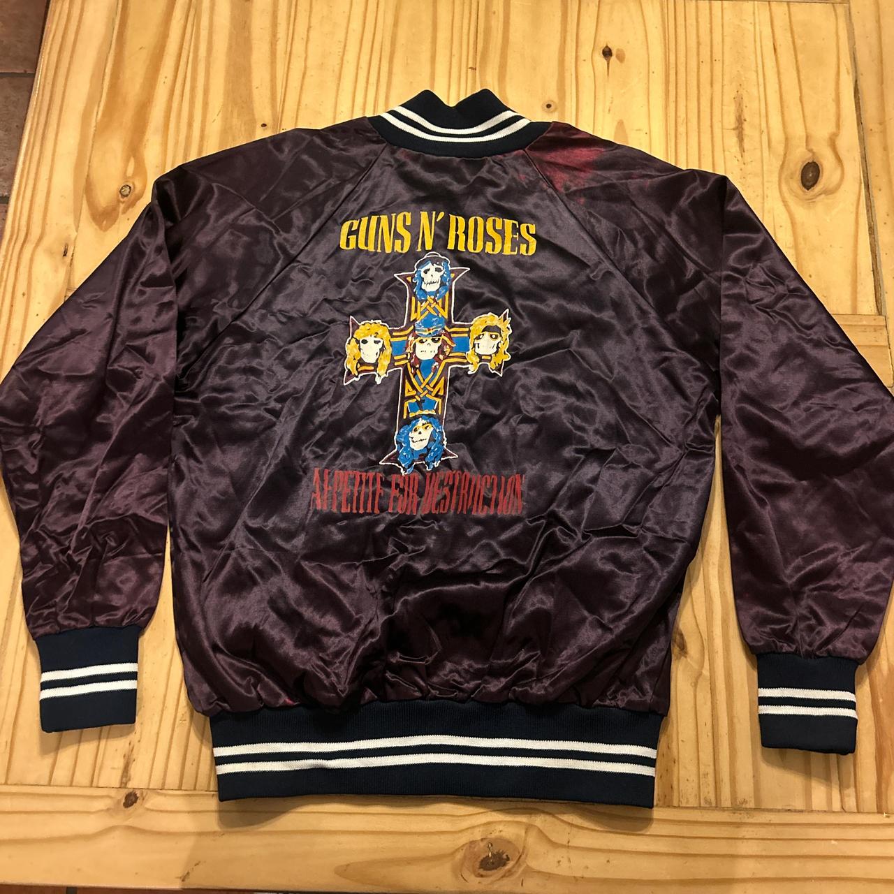 80s Guns N Roses black and purple satin bomber... | Depop