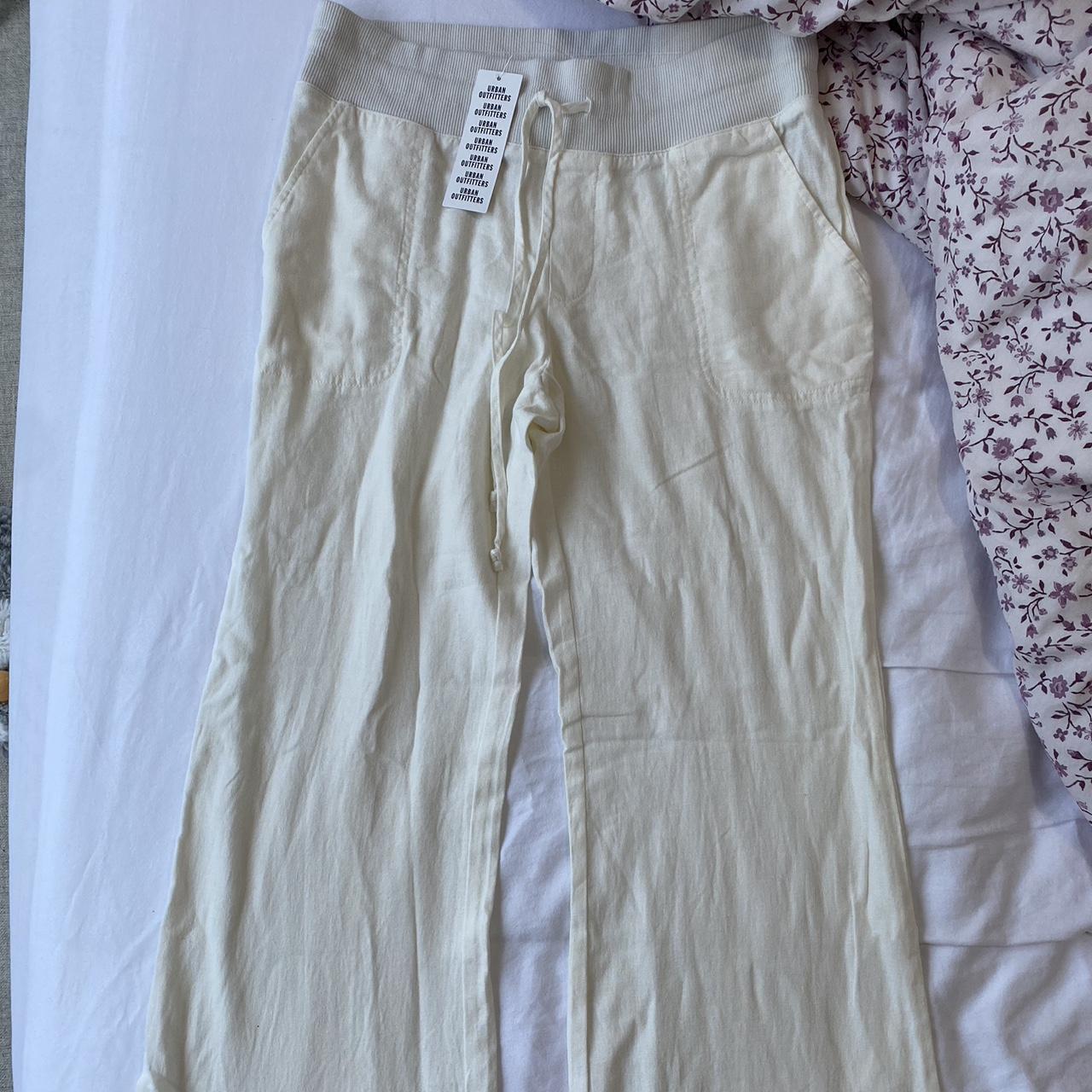 White Lenin pants with stretchy waistband. #linen... - Depop