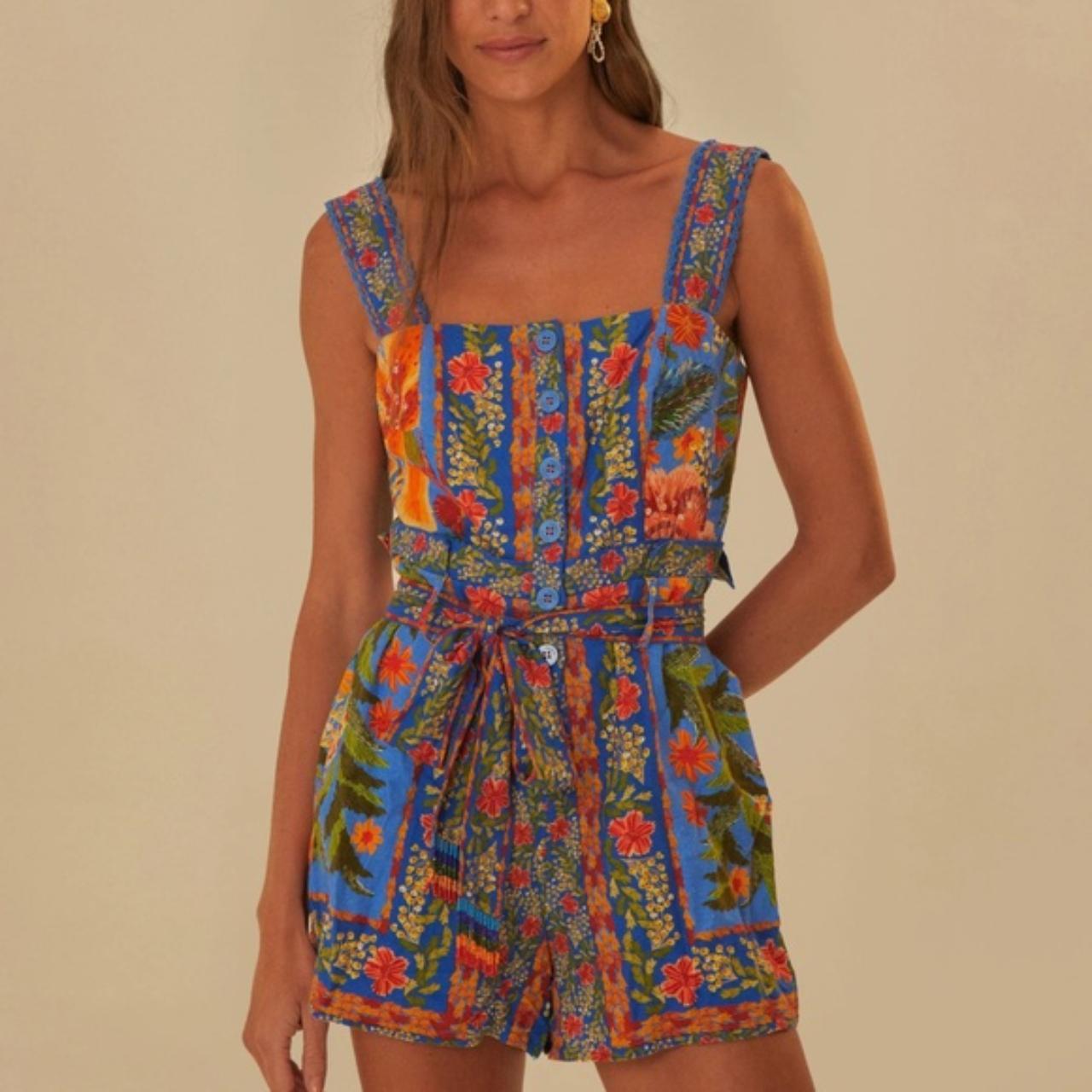 FARM RIO Stiched Garden Blue Romper Size Small. 55%... - Depop