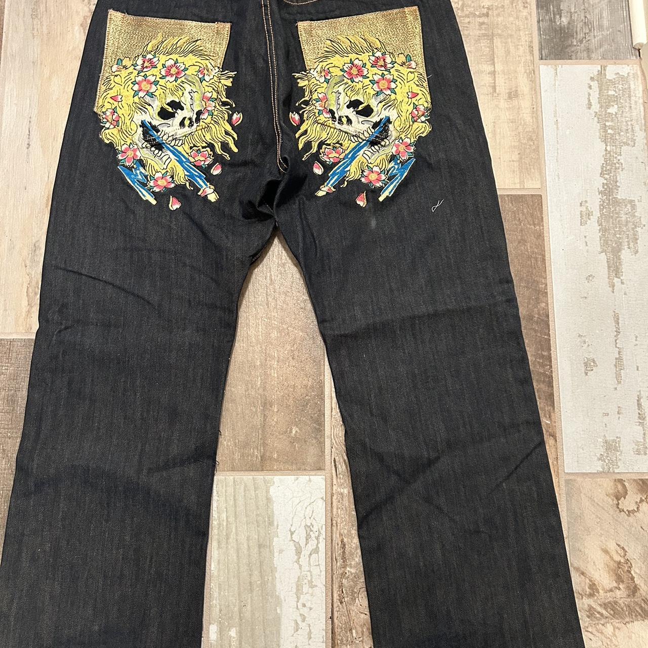 Crazy embroidered baggy Ed hardy jeans No... - Depop