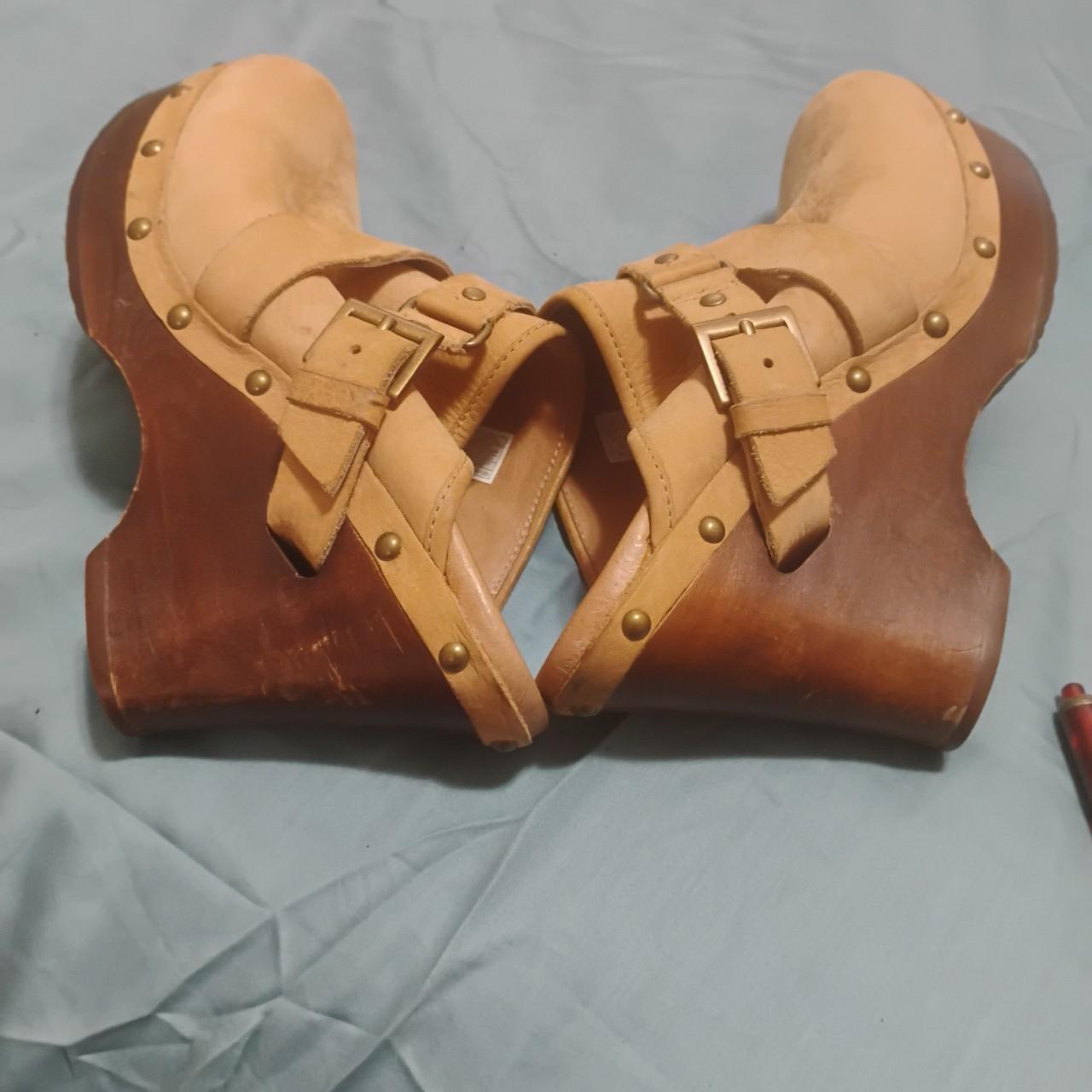 Tan suede clogs with buckle strap and a wedge heel... | Depop
