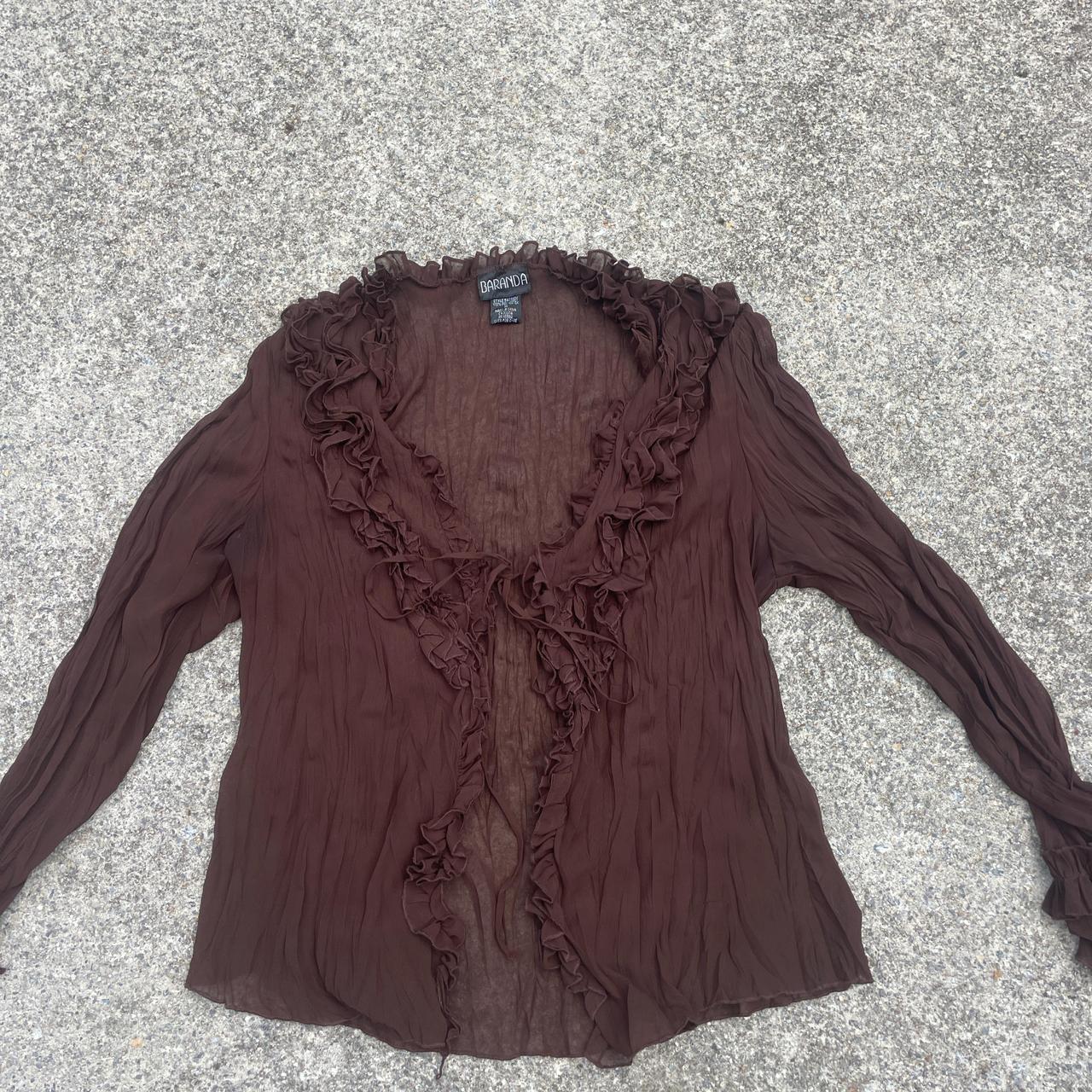 Brown sheer blouse with ruffle detailing #ruffle... - Depop