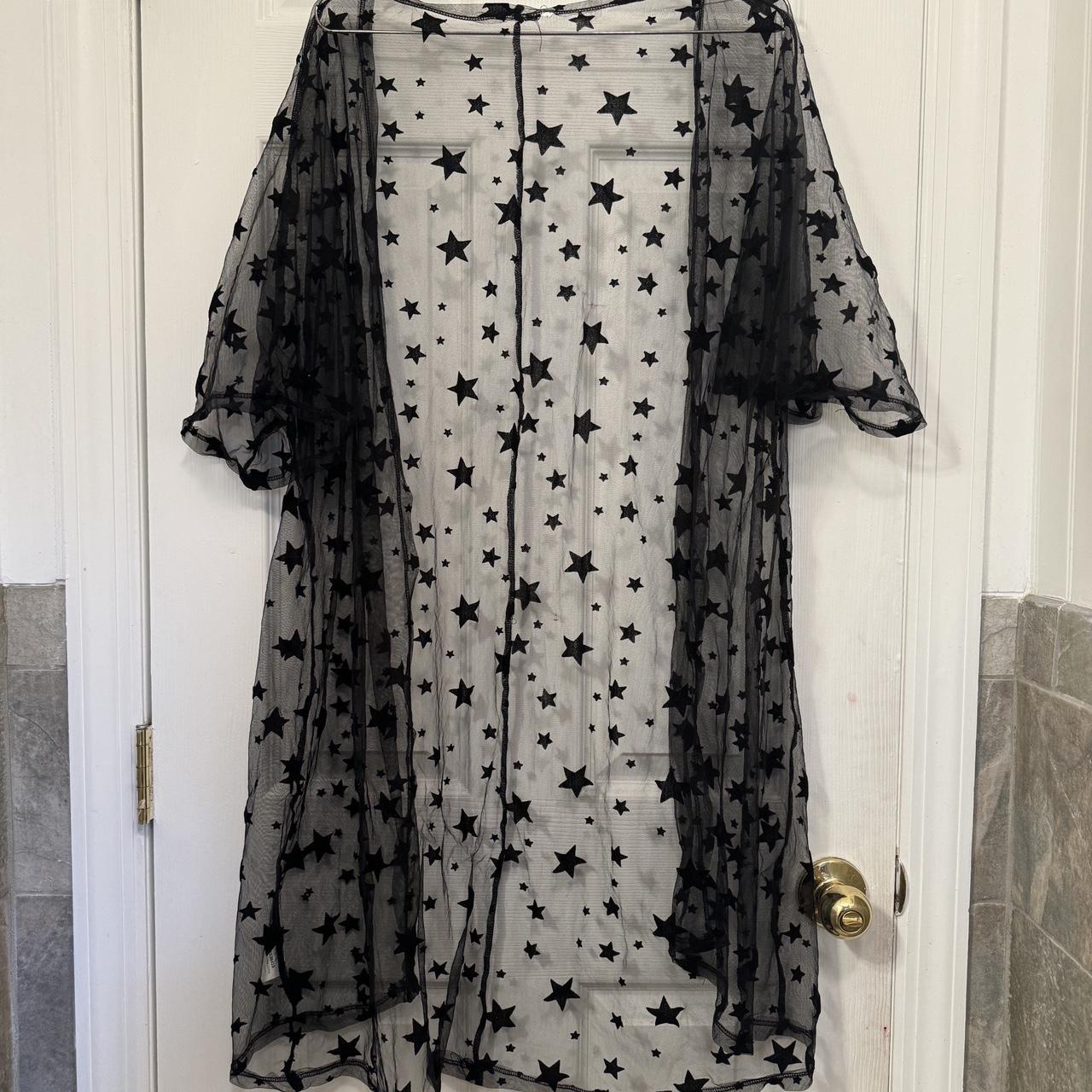 black mesh see-thru star pattern kimono... - Depop
