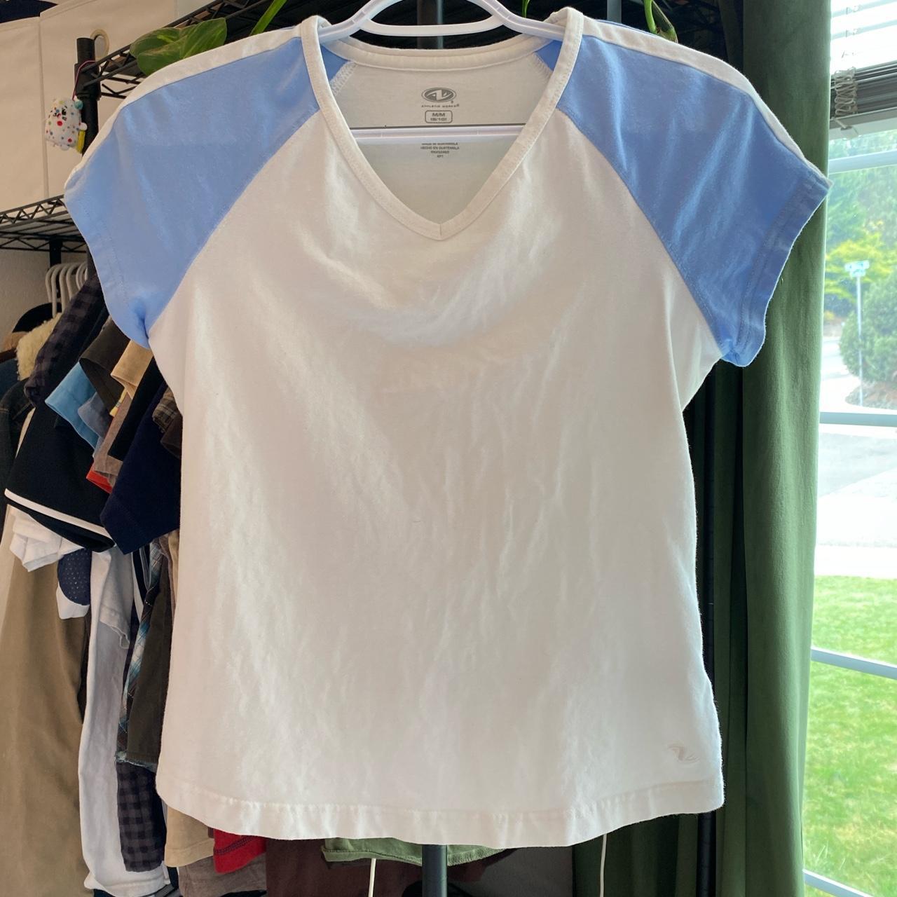 Baby blue and white baseball tee +jersey stripes on... - Depop