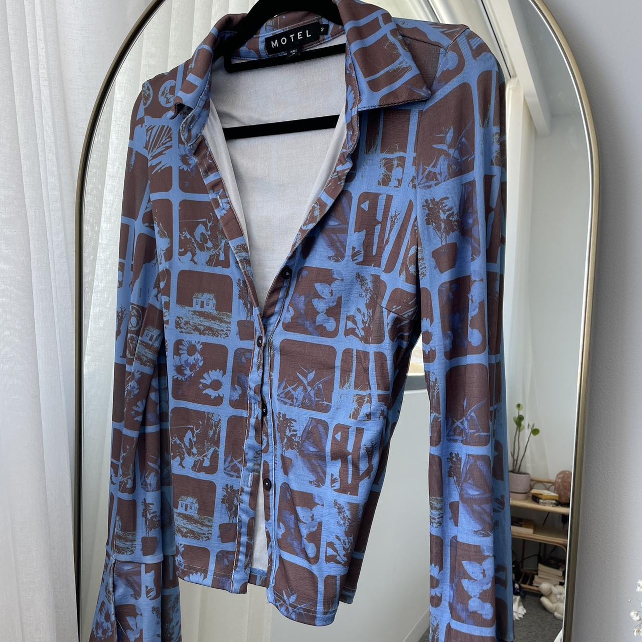 brown and blue motel rocks button up size small... - Depop