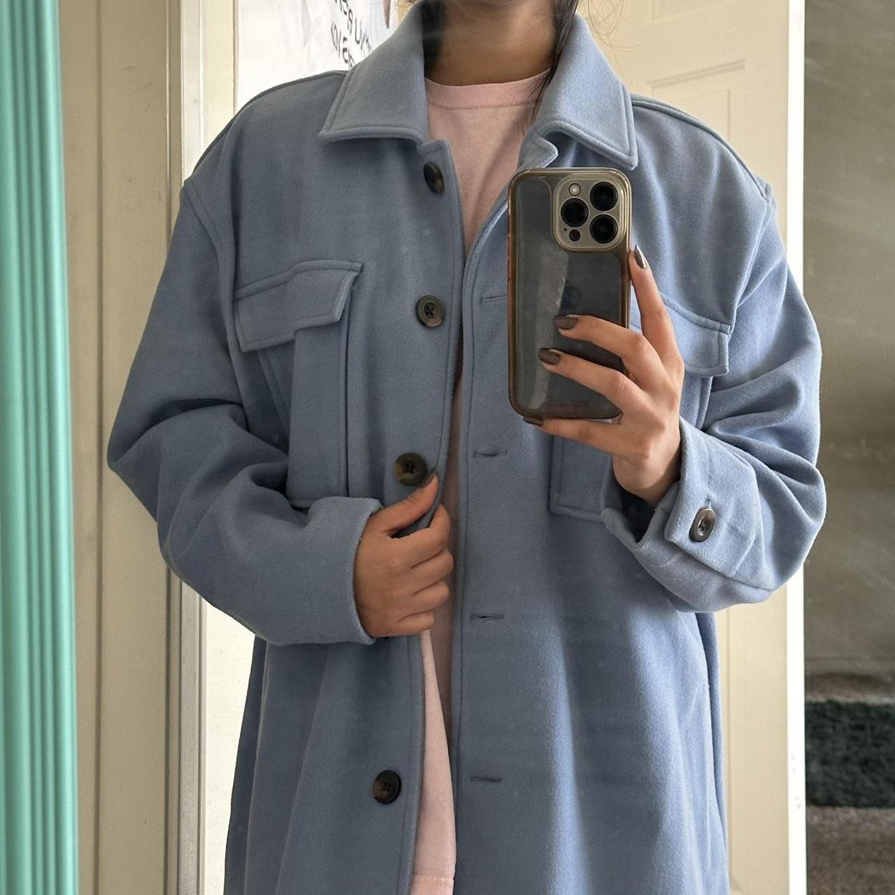 beautiful baby blue oversized wool shacket coat... - Depop