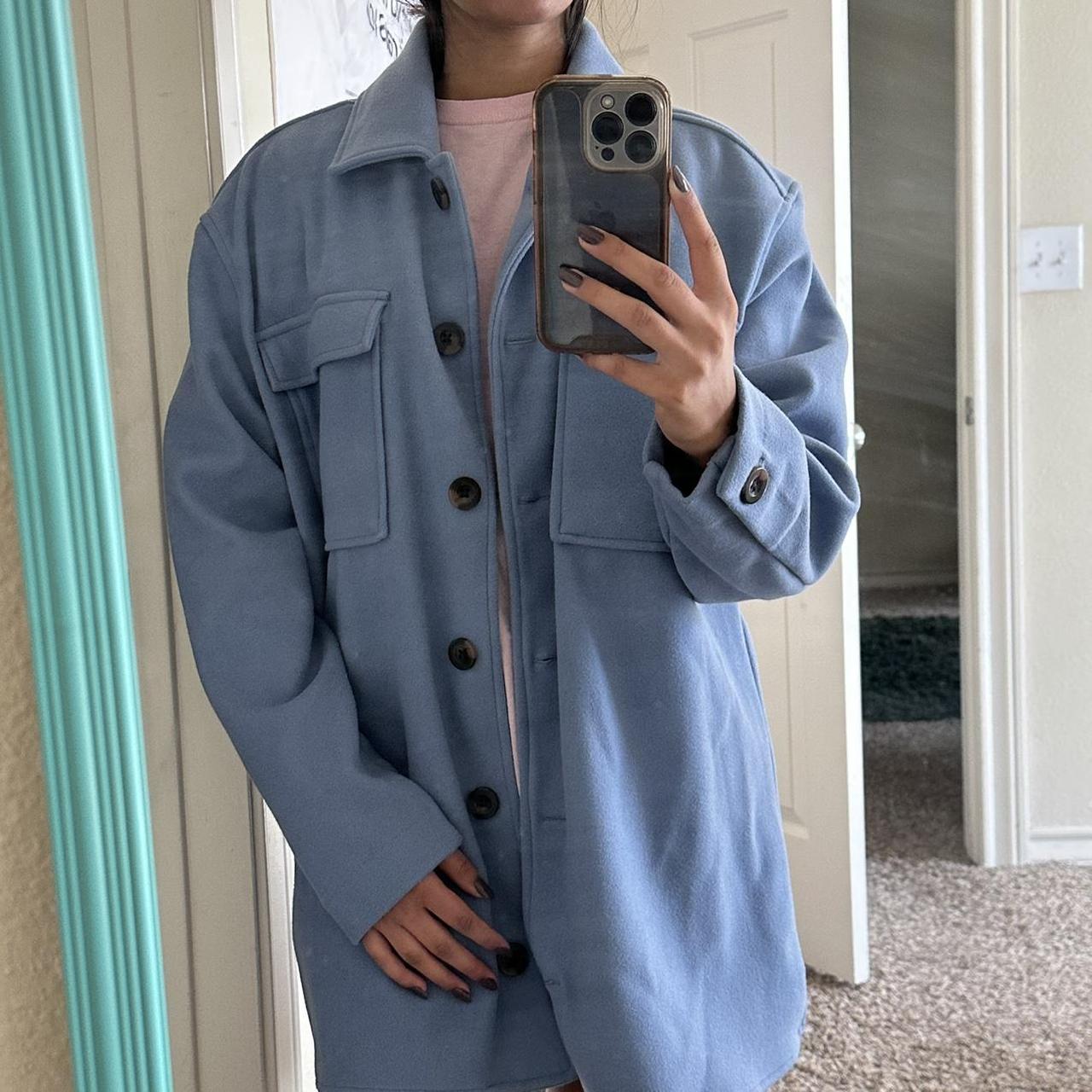 beautiful baby blue oversized wool shacket coat... - Depop
