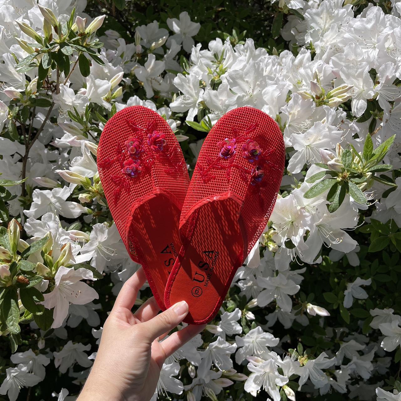 Mesh Slippers with Sequins In Color: Red... - Depop