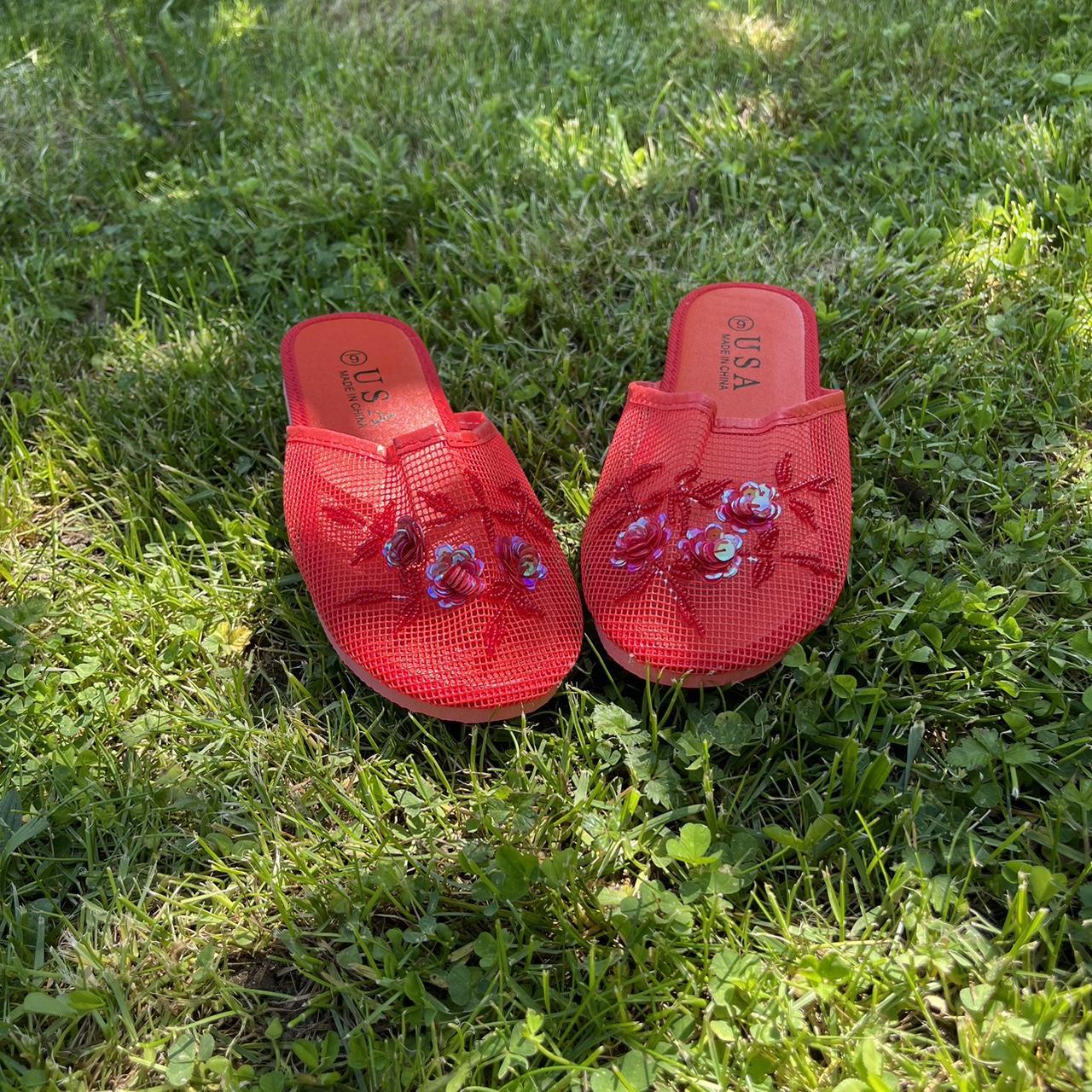 Mesh Slippers with Sequins In Color: Red... - Depop