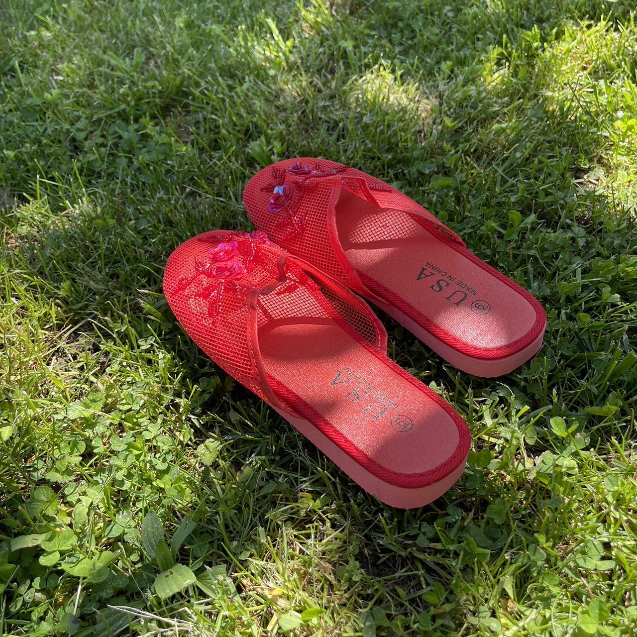 Mesh Slippers with Sequins In Color: Red... - Depop