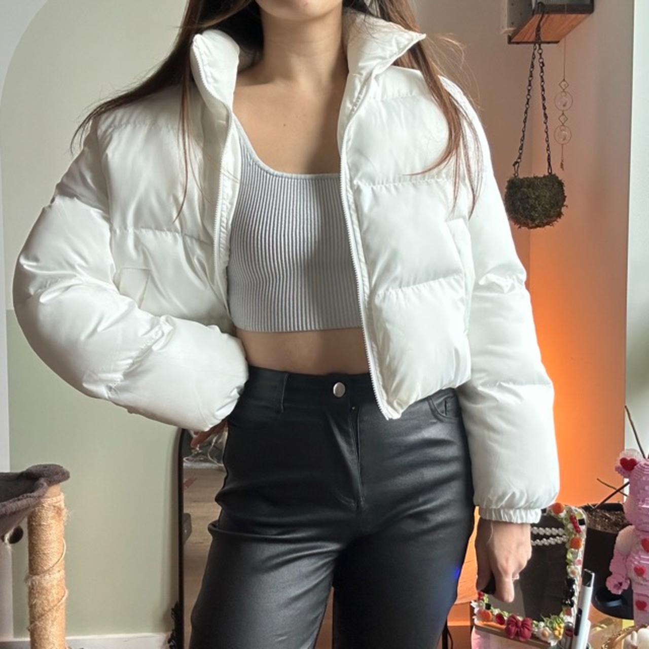 White cropped puffer jacket - Depop