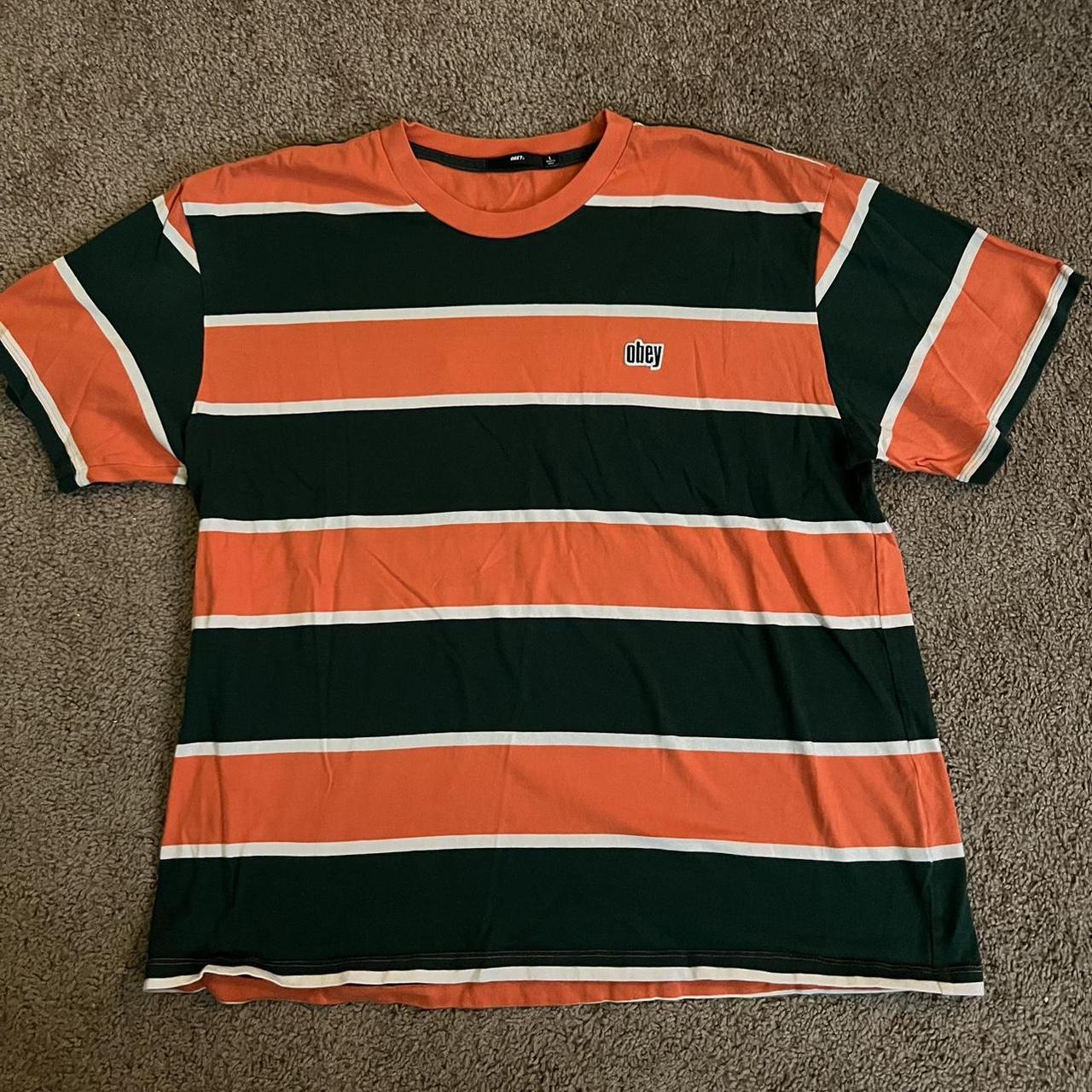 Obey Striped W/ Embroidered Logo Tee - Depop