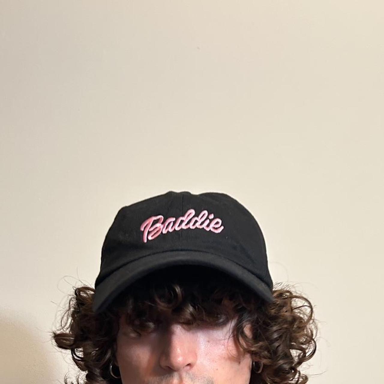 Black Hat with Pink “Baddie” Lettering... - Depop