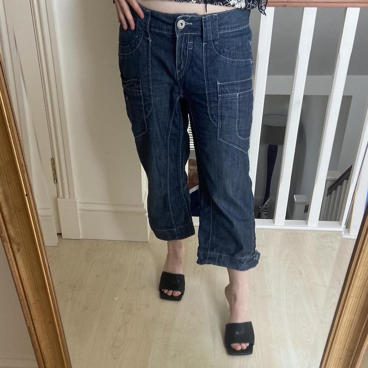 Dark wash blue cargo Jorts (jean shorts) / capri... - Depop