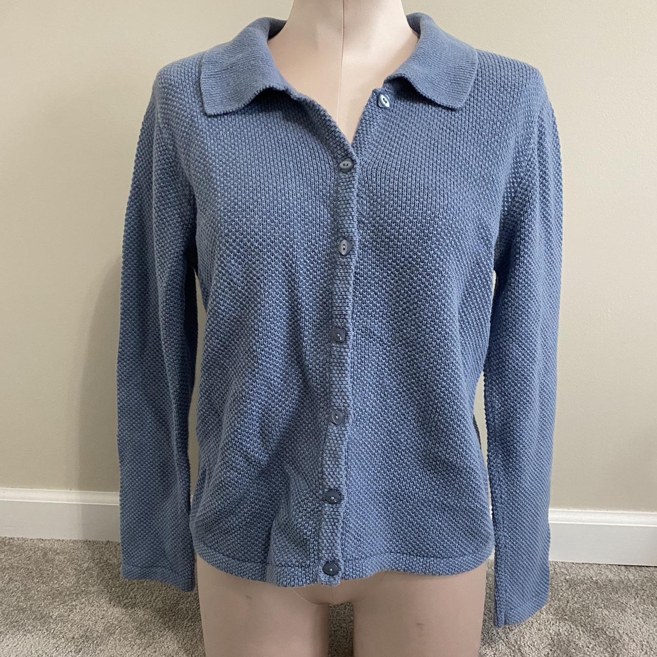 blue collard button up sweater sewn in shoulder... - Depop