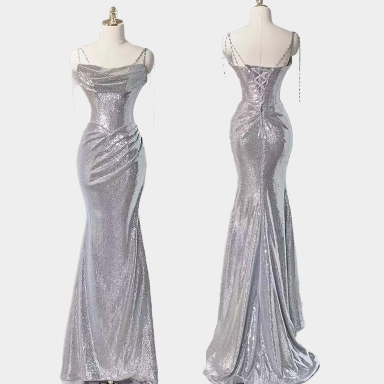Silver Sling Evening Gown Long Evening Dress Formal... - Depop