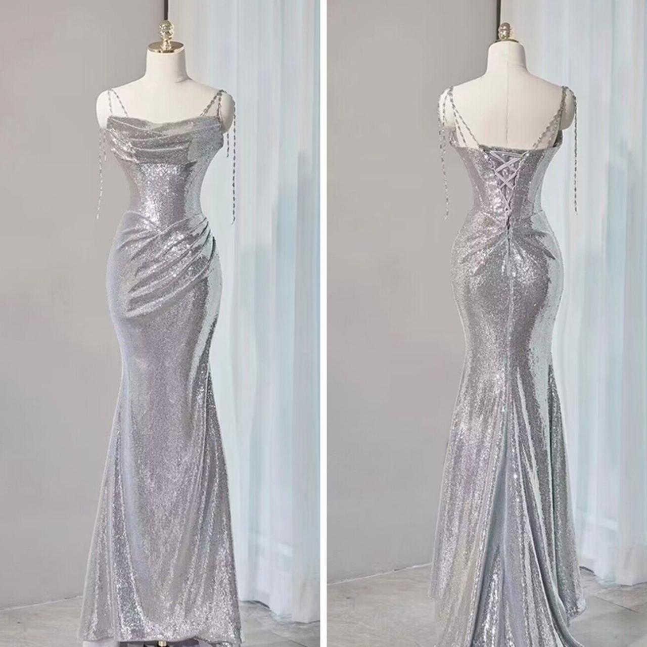 Silver Sling Evening Gown Long Evening Dress Formal... - Depop