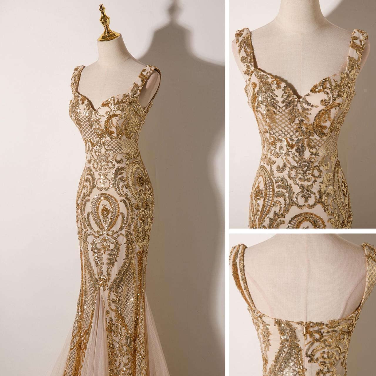 Gold Luxury Dress Long Bling Evening Dress Wedding... - Depop