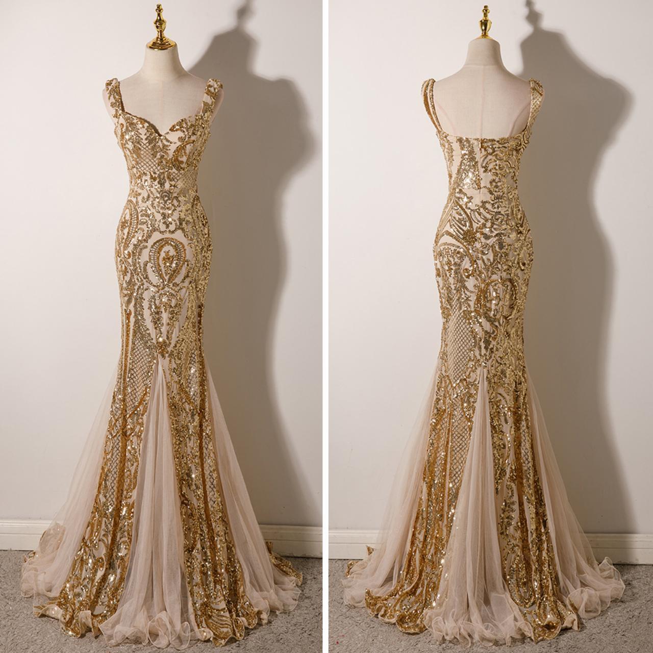 Gold Luxury Dress Long Bling Evening Dress Wedding... - Depop