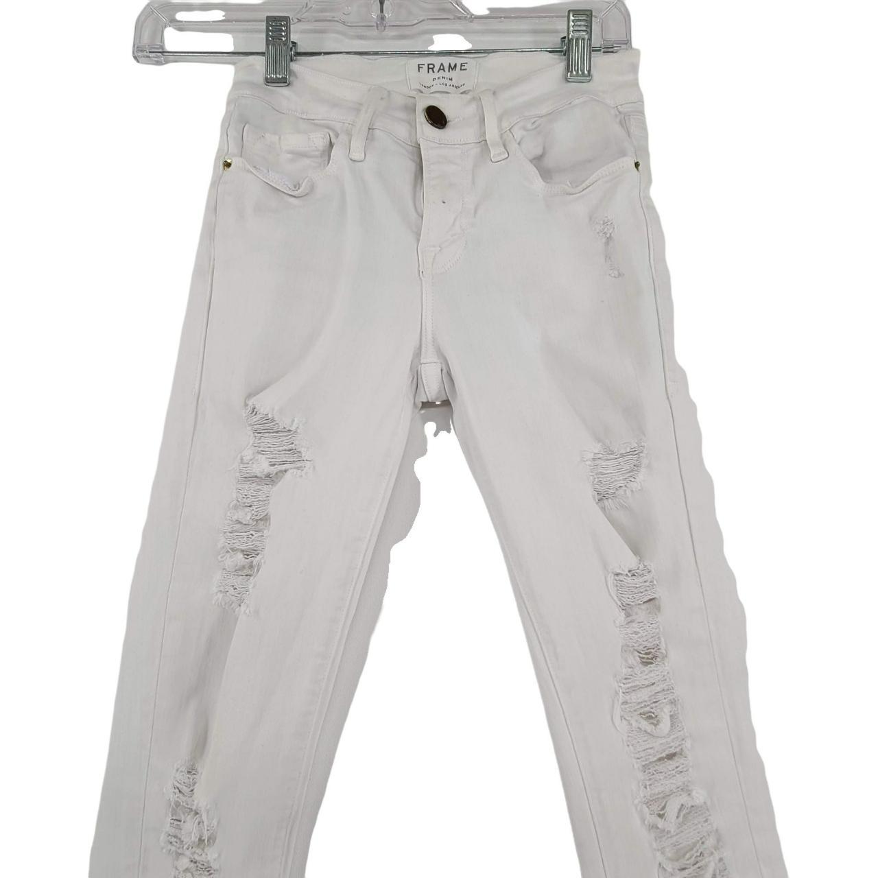 Frame Denim Women's Distressed White skinny Denim... - Depop