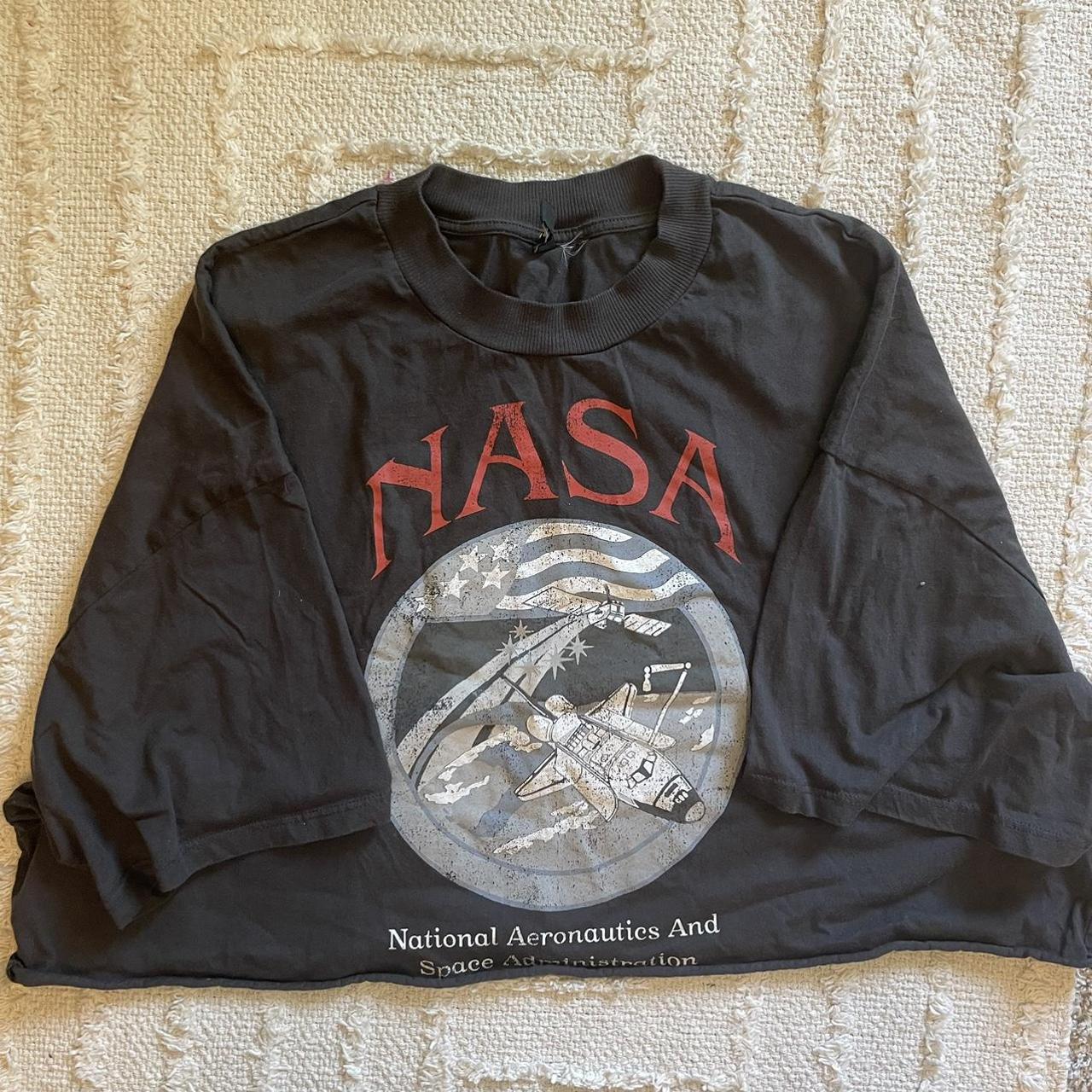 h&m dark grey oversized nasa crop top -worn 2-3... - Depop