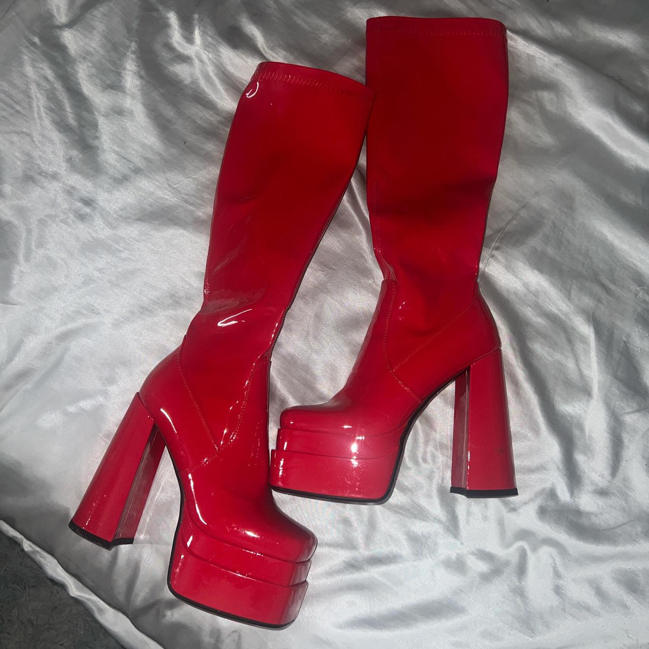 Glossy Red platform knee high boots chunky heel Worn... - Depop