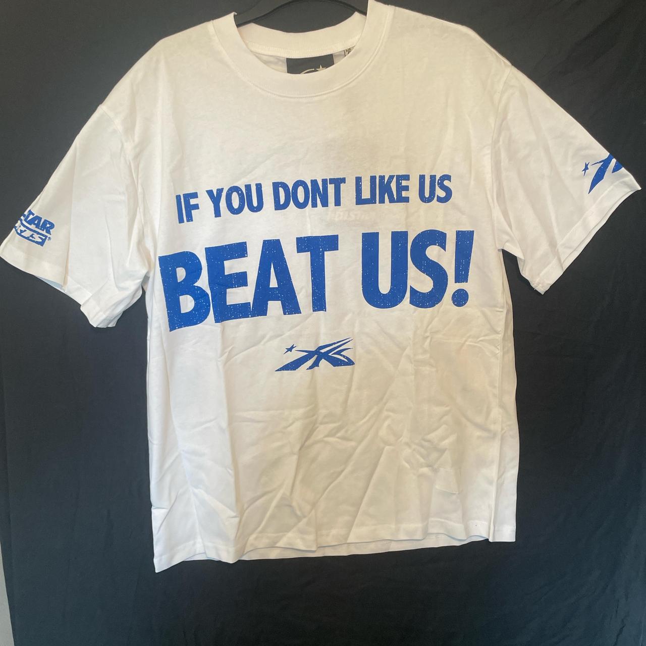 Hellstar Beat Us! T-shirt. White/Blue Size: Medium... - Depop