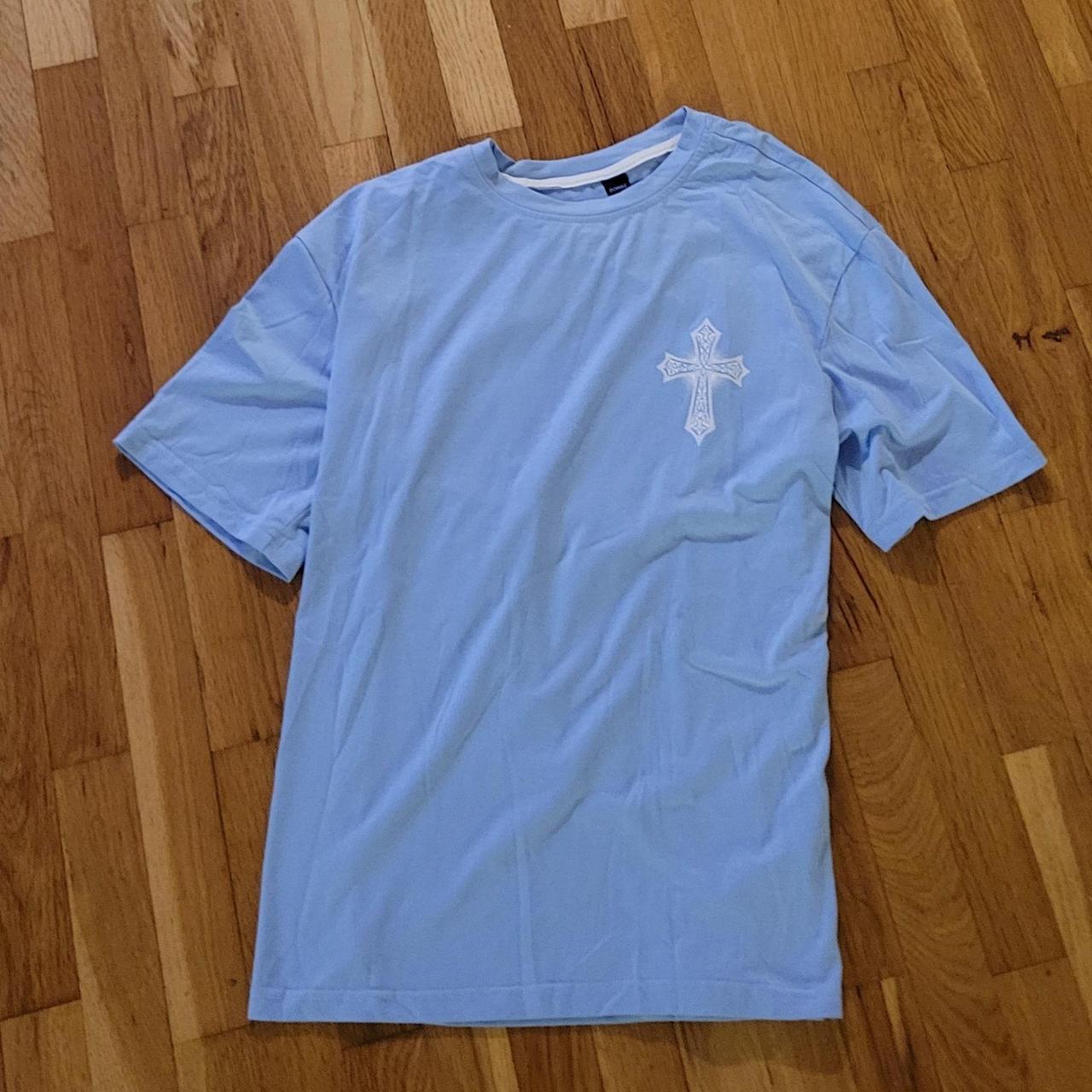 Medium Light blue Affliction type shirt with black... | Depop