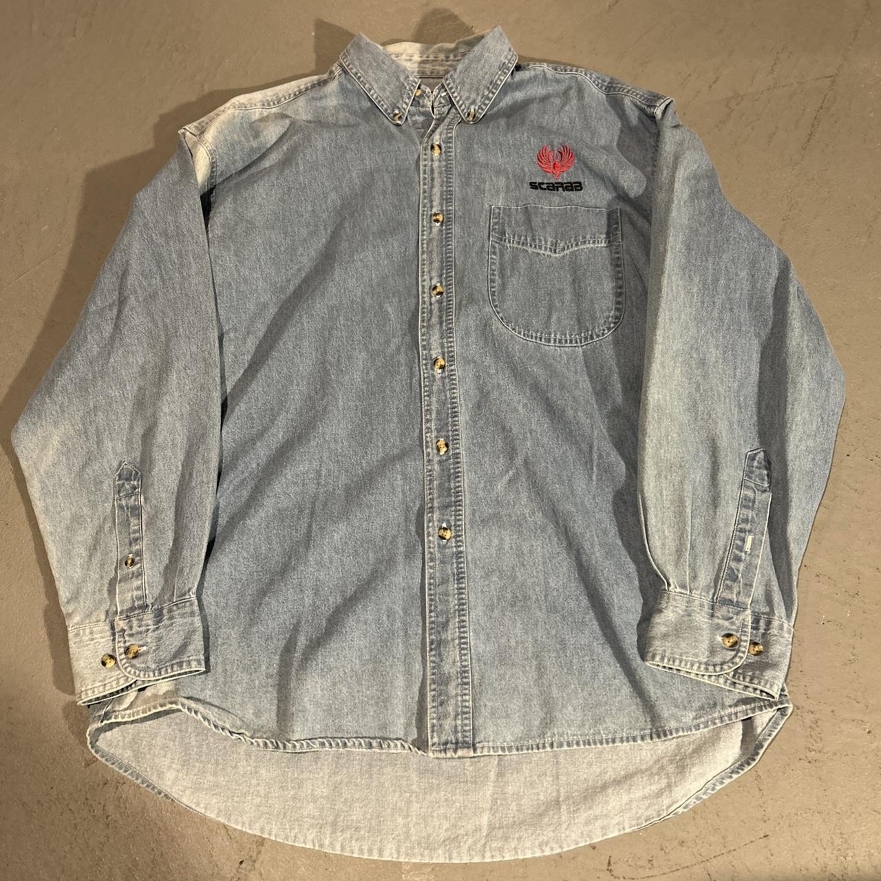 VTG Outrageous Sports Scarab Racing Button Up Long... | Depop