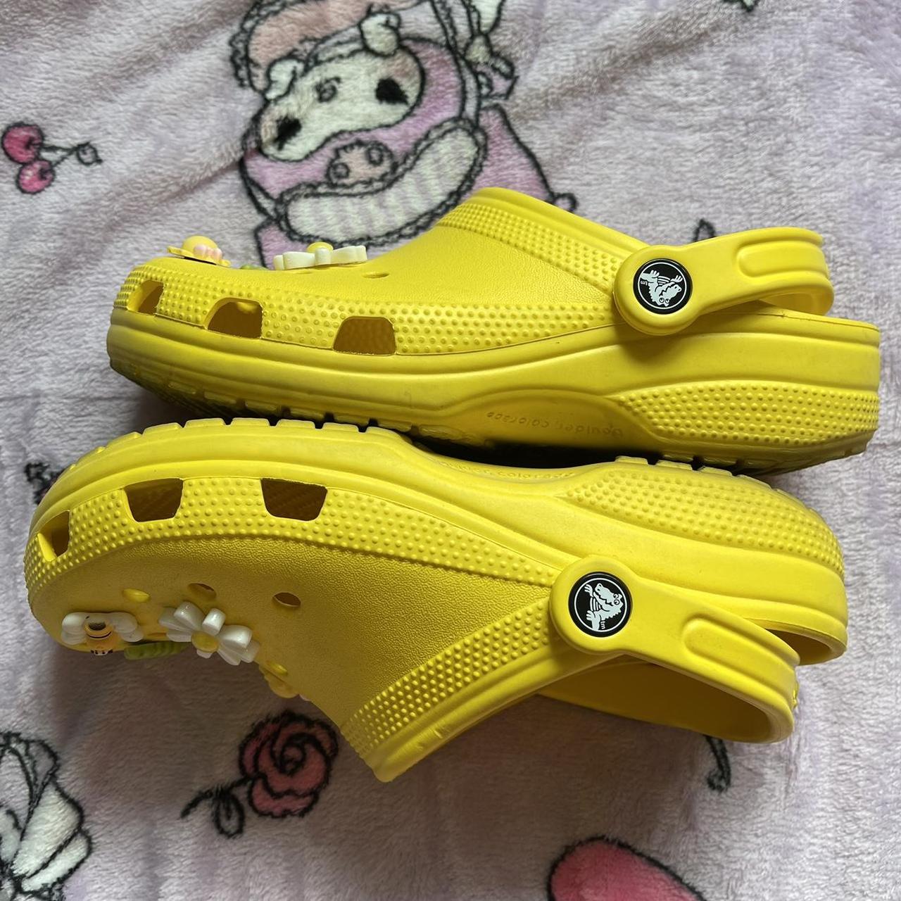Yellow Crocs clogs with flower and bee charms size... - Depop