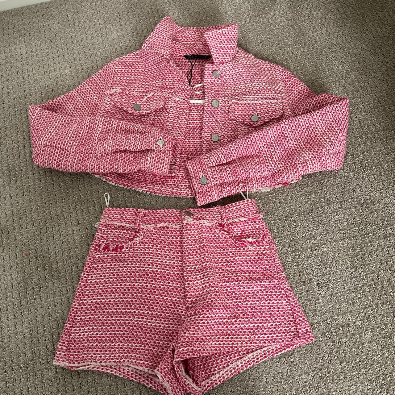 zara pink tweed Co-Ord cropped tweed jacket and... - Depop