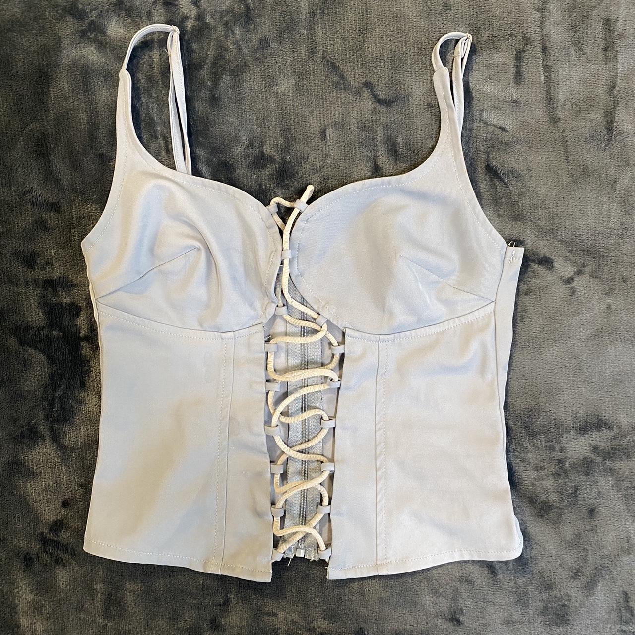 Blue woven cut out detail lace up crop top Size 4... - Depop