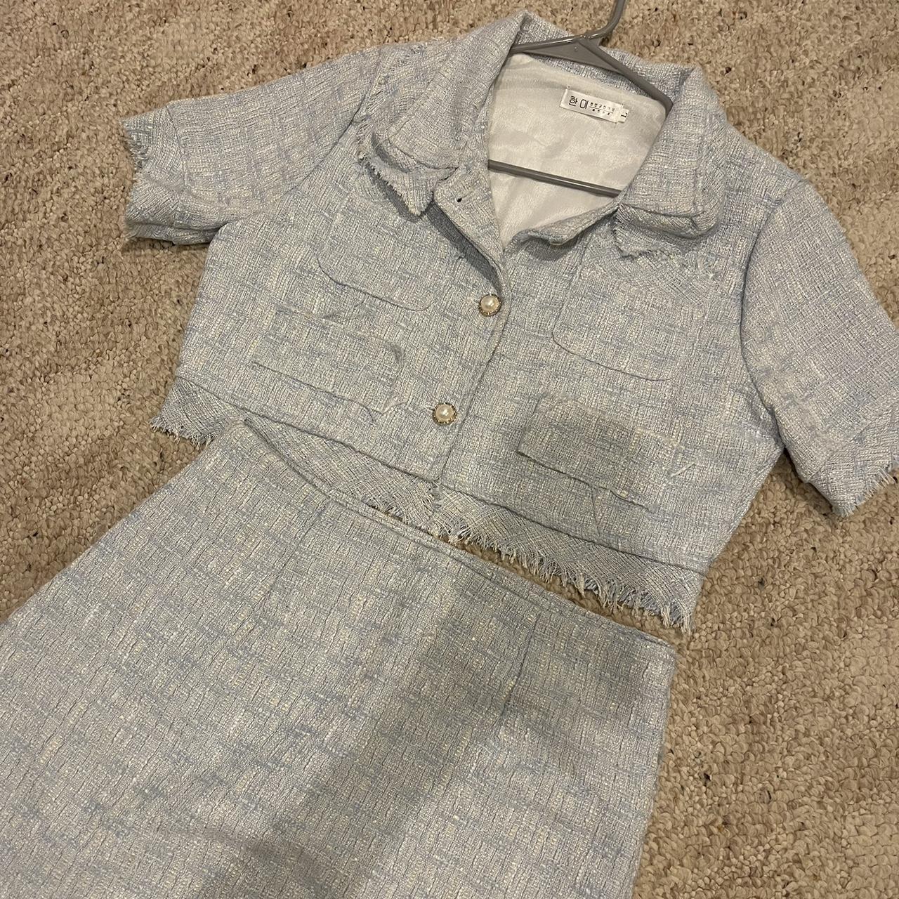 Korean blue tweed set Size L but Asian sizing so... - Depop