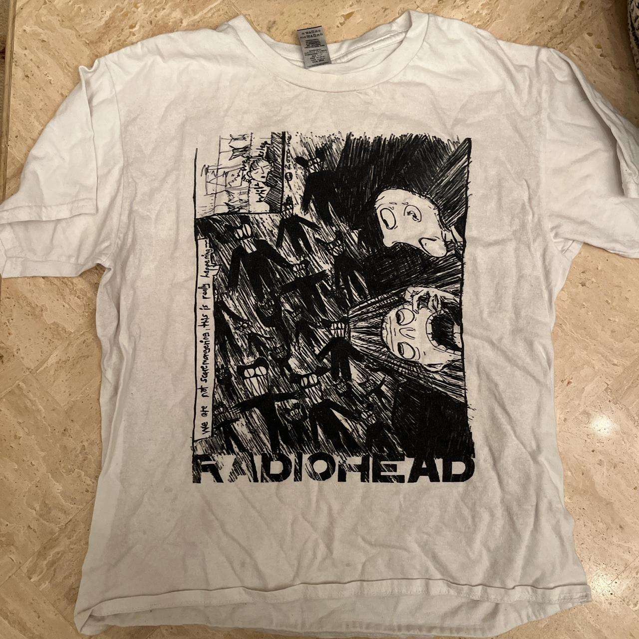 radiohead white graphic band tee #bandshirt... - Depop