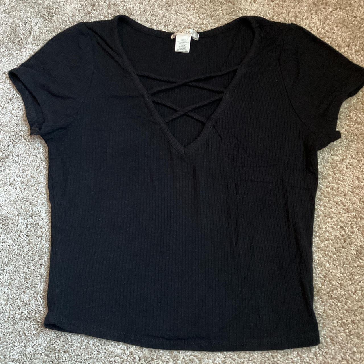Black ribbed crop top with cross over detail Size Large | Depop