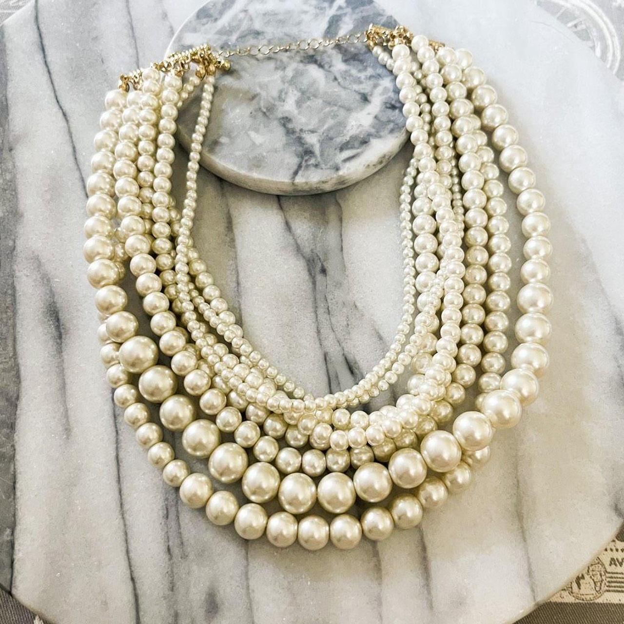 Simulated Pearl Multilayer Statement Necklace... - Depop