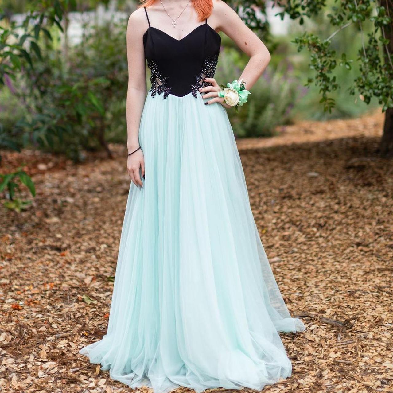 Gorgeous pale blue green black prom dress only. Depop