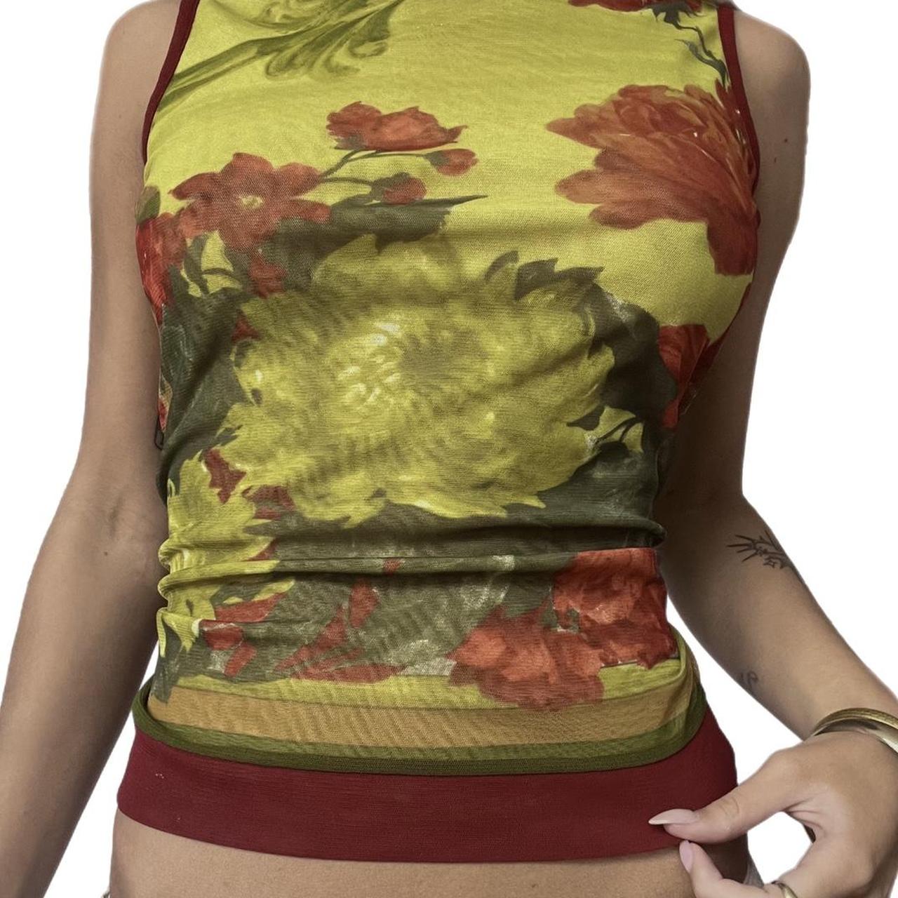 French Vintage rose painted scene tank mesh... - Depop