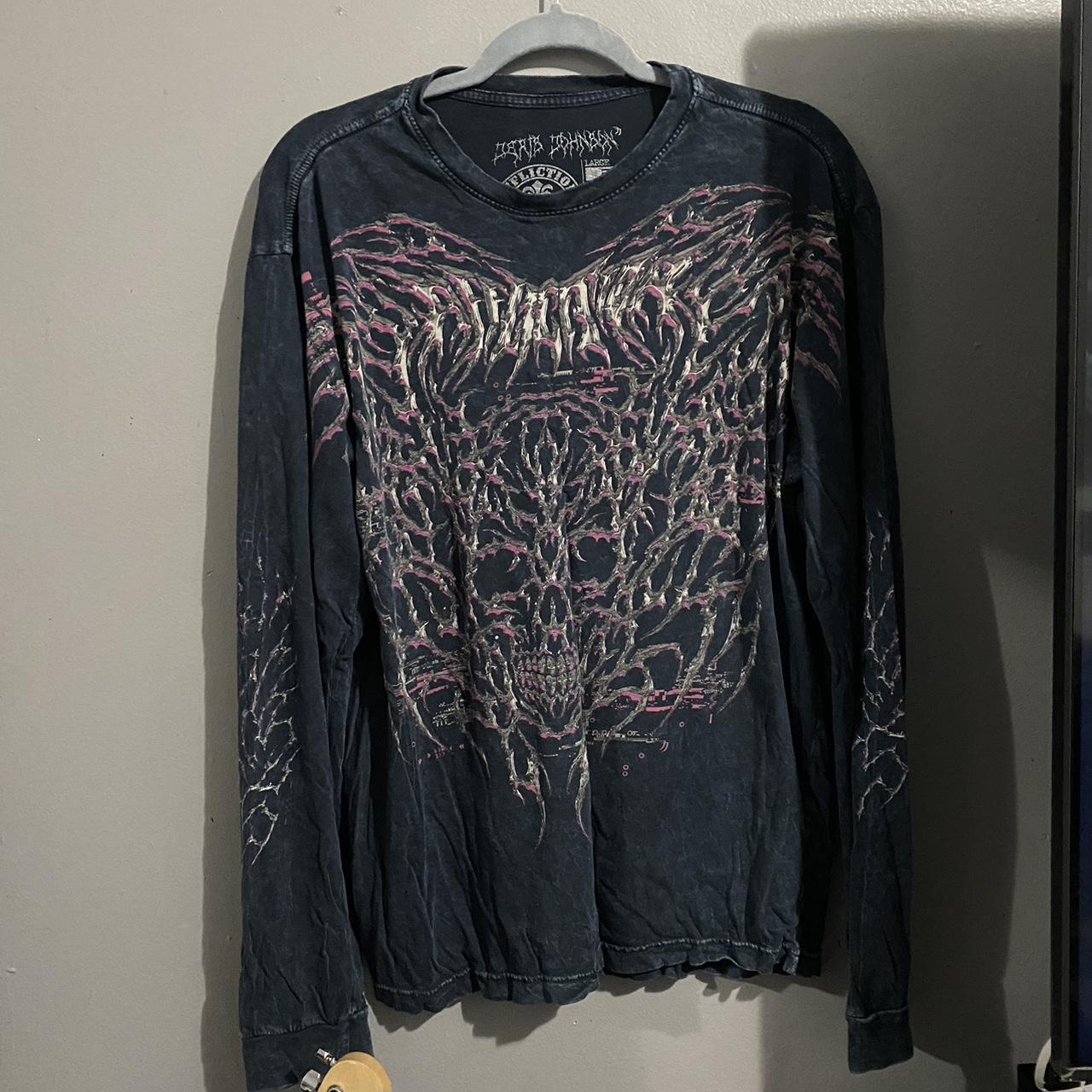 navy affliction longsleeve soft thin crazy print... - Depop