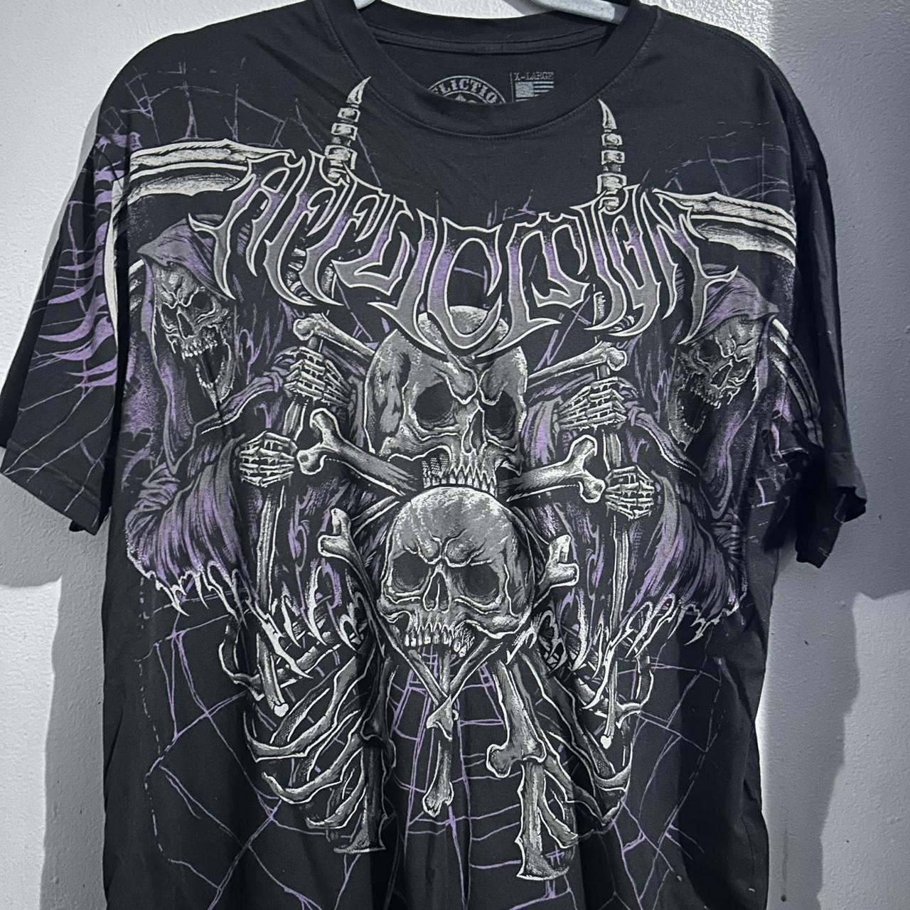 black affliction shirt with skulls and purple real... | Depop