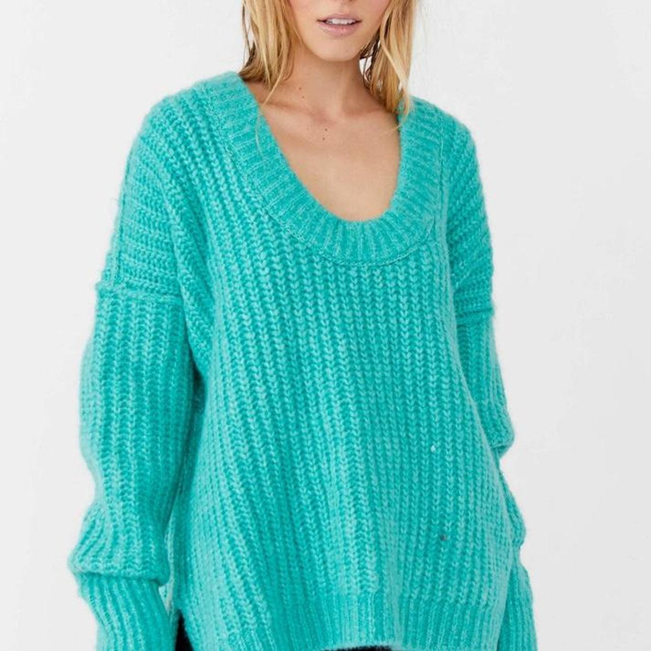 Free People Women's Blue and Green Jumper | Depop