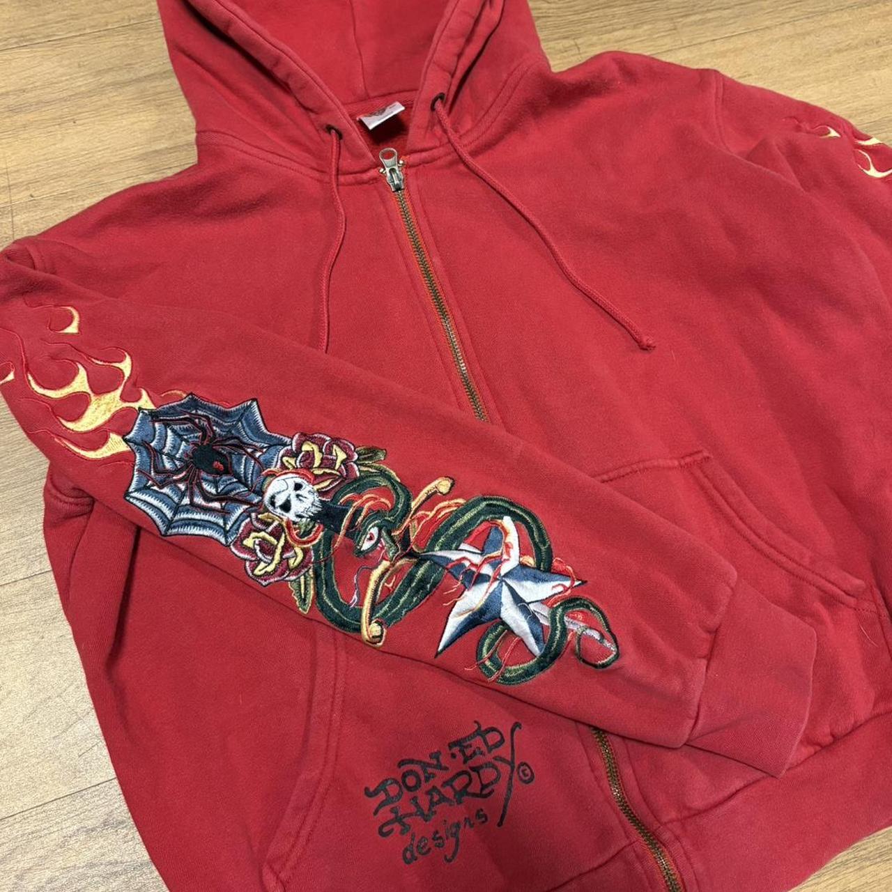 Red Ed Hardy zip up hoodie with tiger and spider web... | Depop