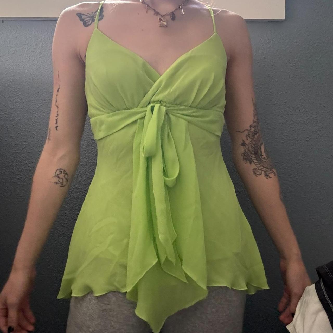 Green vintage flowy ethereal tie-front top Bow... - Depop