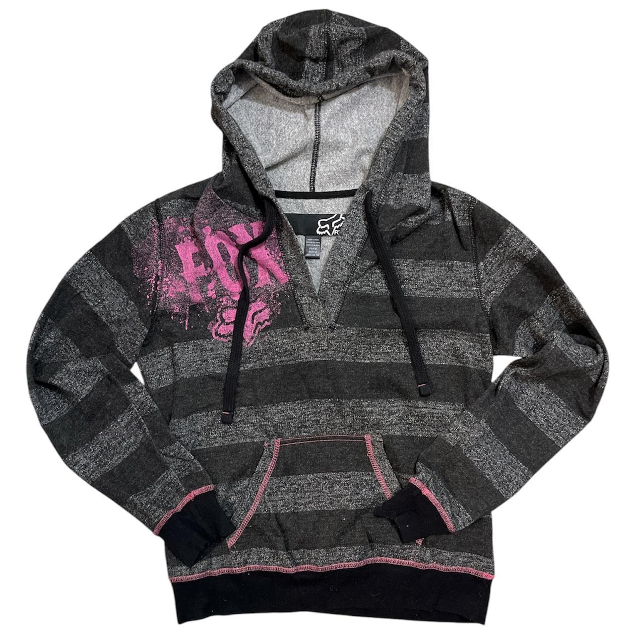 Grey and pink Fox Racing striped hoodie size... - Depop