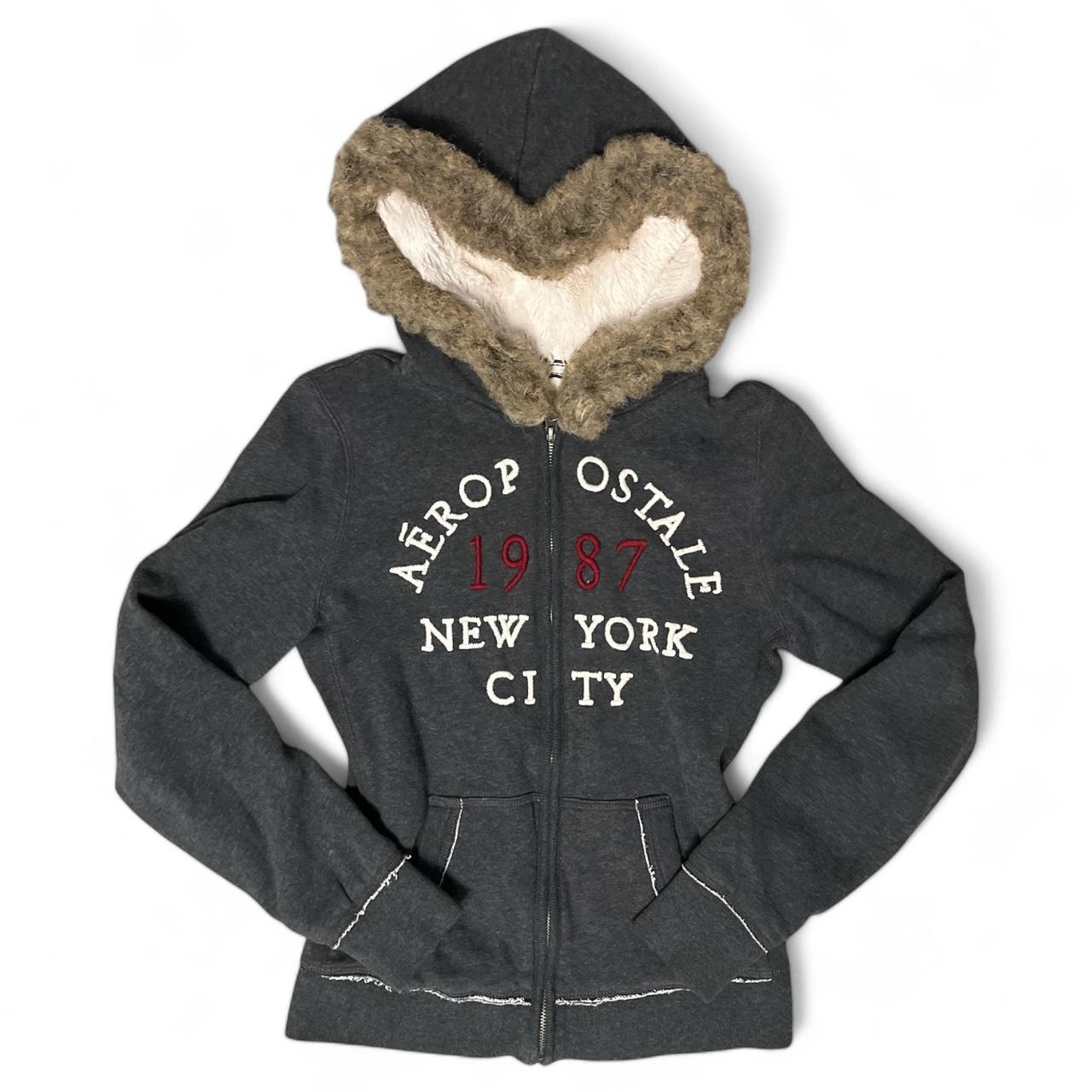 Vintage grey Aeropostale hoodie with faux fur trim,... - Depop