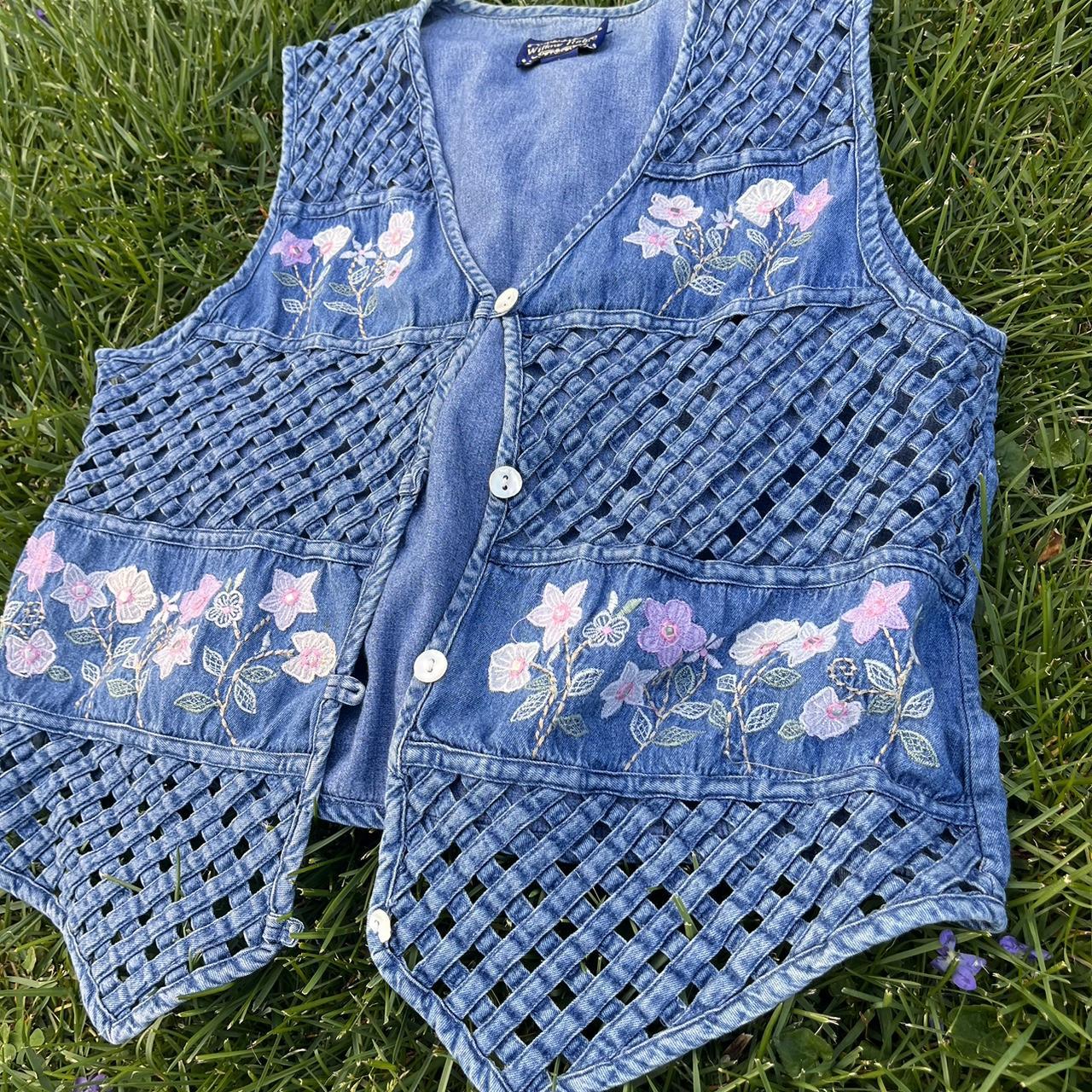 cottagecore button up jean vest Size Large, 100%... - Depop