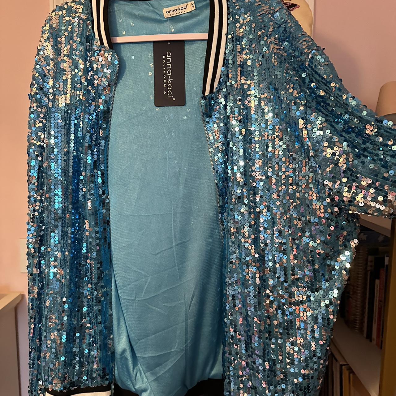 Blue sequin bomber jacket 4XL, brand new with... - Depop