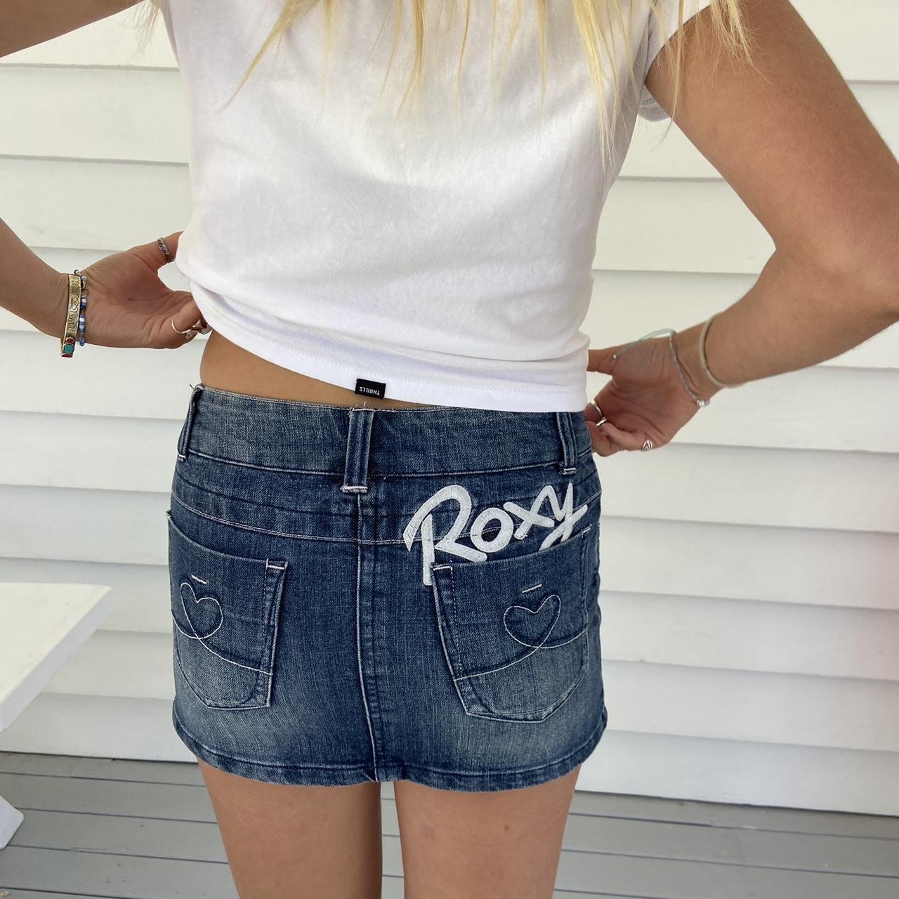 vintage roxy mini denim skirt size 12 kids but... - Depop